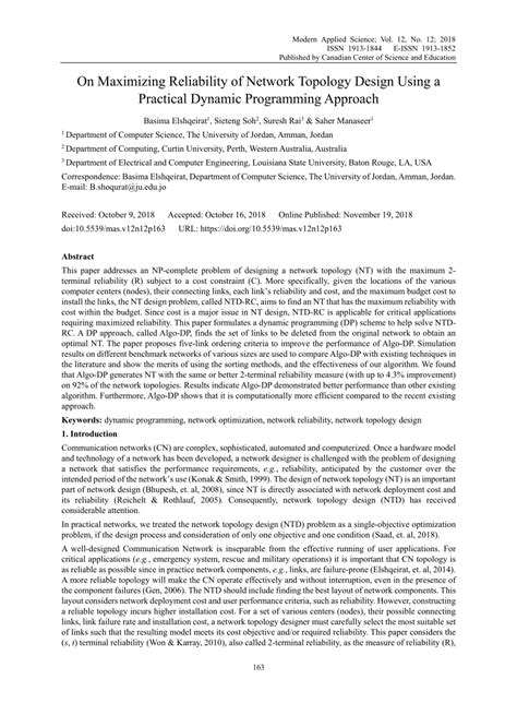 Pdf On Maximizing Reliability Of Network Topology Design Using A Practical Dynamic Programming