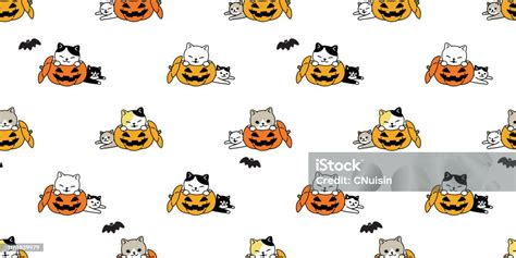 고양이 원활한 패턴 할로윈 호박 벡터 새끼 고양이 박쥐 스카프 고립 반복 벽지 타일 배경 만화 캐릭터 낙서 일러스트 디자인 검은색에 대한 스톡 벡터 아트 및 기타 이미지