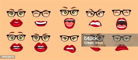 만화 감정입니다 안경 얼굴 표정 제스처 감정 행복 놀람 혐오 슬픔 휴 실망 두려움 놀라운 기쁨 미소 낙담 여자 만화 아이콘 격리 설정입니다 0명에 대한 스톡 벡터 아트 및