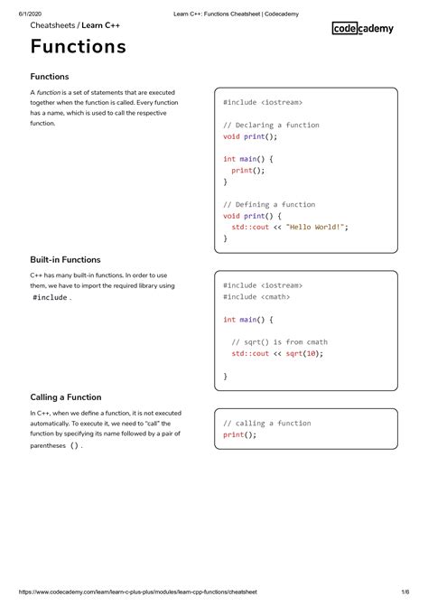 Solution Learn C Functions Cheatsheet Codecademy Studypool