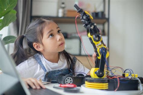 Stem Education Concept Asian Young Girl Learning Robot Design Stock