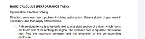 Solved Basic Calculus Performance Task Optimization Problem Solving