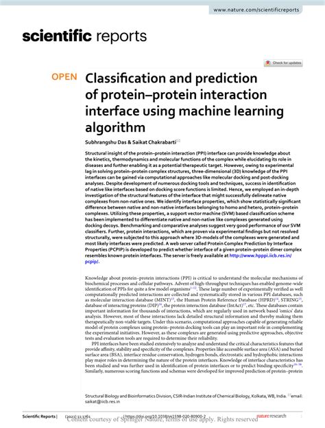 PDF Classification And Prediction Of Proteinprotein Interaction Interface Using Machine
