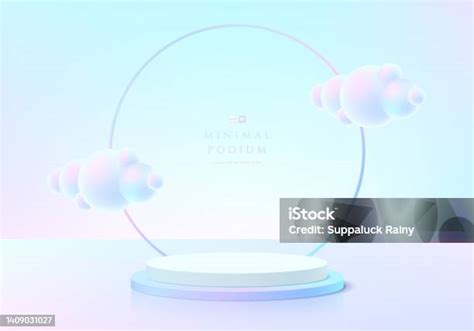 사실적인 블루 홀로그램 컬러 실린더 연단이있는 추상적 인 3d 룸 파스텔 구름 비행 및 반지 배경 모형 제품 표시를위한 최소한의 장면 벡터 기하학적 형태 라운드 스테이지