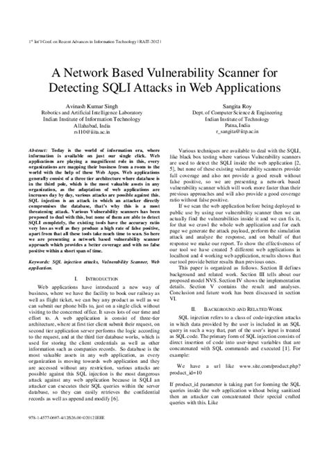 Pdf A Network Based Vulnerability Scanner For Detecting Sqli Attacks
