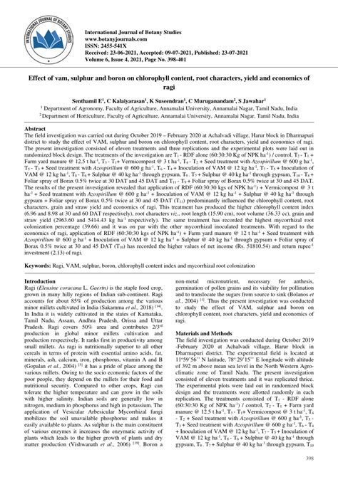 Pdf Effect Of Vam Sulphur And Boron On Chlorophyll Content Root Characters Yield And