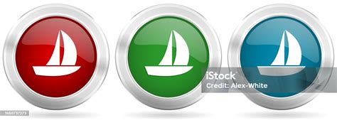 요트 벡터 아이콘 세트입니다 빨간색 파란색 및 녹색 은색 금속 웹 버튼과 크롬 테두리 0명에 대한 스톡 벡터 아트 및 기타 이미지 0명 개념 경쟁 Istock