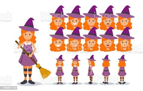 할로윈 축제trick 또는 치료에 대한 마녀 의상을 입은 어린 소녀 전면 측면 백 뷰 애니메이션 문자 벡터 캐릭터 생성 세트 만화 스타일 플랫 벡터 일러스트레이션 공휴일에