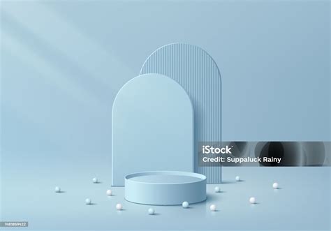 현실적인 파란색 실린더 받침대 연단과 아치 배경 벽 장면이 있는 3d 배경 파스텔 최소 모형 제품 디스플레이 추상 기하학적 플랫폼 쇼케이스를 위한 무대 3d 벡터 렌더링 0