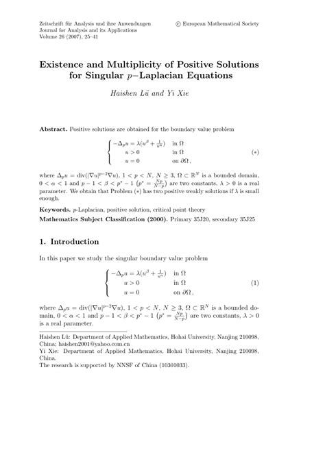 Pdf Existence And Multiplicity Of Positive Solutions For Singular P Laplacian Equations