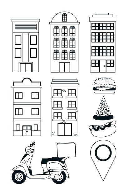 스쿠터와 음식 배달 서비스 프리미엄 벡터