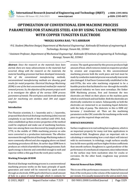 Irjet Optimization Of Conventional Edm Machine Process Parameters For Stainless Steel 430 By Us