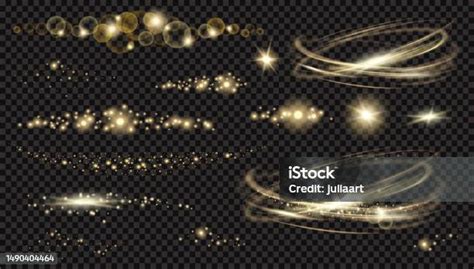 반짝임과 수평 Les Flares 팩이 있는 벡터 원형 조명 효과 황금빛 플레어와 어두운 배경에 레이저 광선 추상적인 반짝이는 선과 별 사각의 링에 대한 스톡 벡터 아트 및