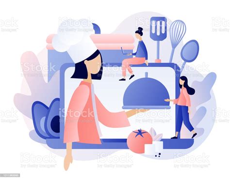 음식 블로깅 조리법 온라인 가정 요리 전문 요리사 들고 요리 작은 사람들이 요리 현대 평면 만화 스타일입니다 흰색 배경의 벡터
