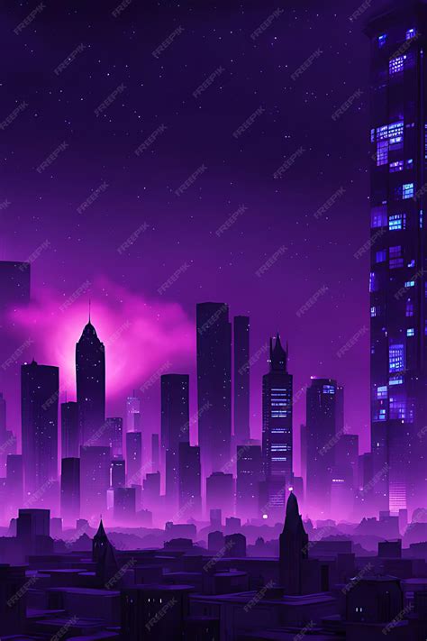 A Purple City Skyline With A Purple Sky And A Purple City In The