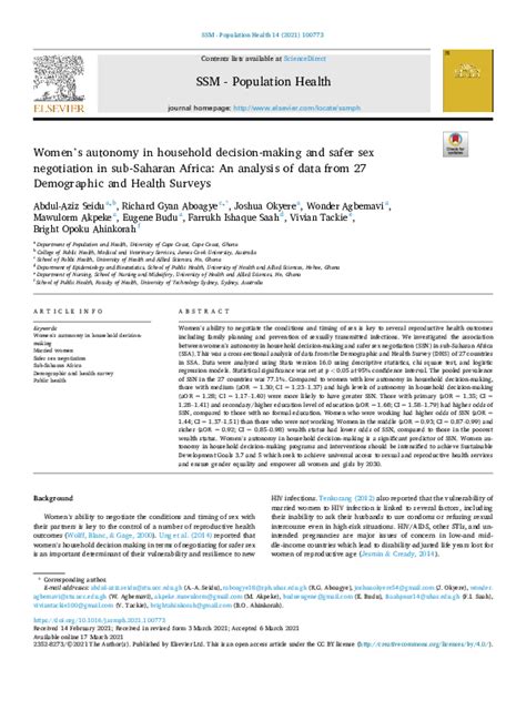 Pdf Womens Autonomy In Household Decision Making And Safer Sex