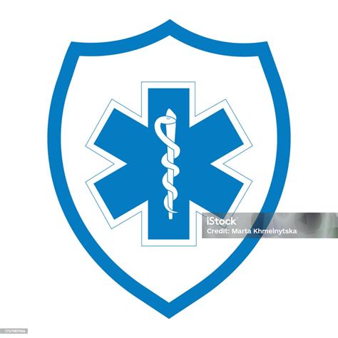 의료 기호 아스클레피오스 아이콘의 막대가 있는 생명의 파란색 별 방패 보호 흰색 배경에 격리되어 있습니다 구급 비상 기호입니다 벡터 그림입니다 로고에 대한 스톡 벡터 아트