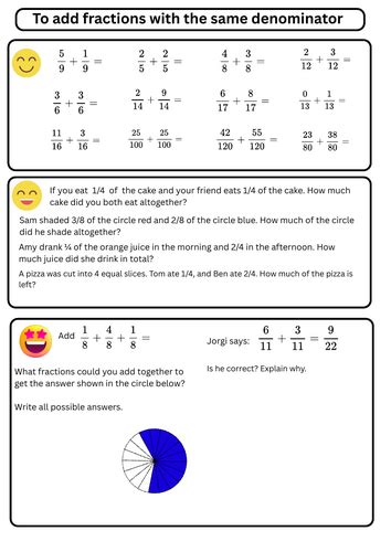 Maths Worksheet Adding Fractions With The Same Denominator Year 3 Teaching Resources