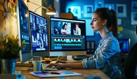 Premium Photo A Woman Sits At A Desk With Two Monitors And A Laptop On It