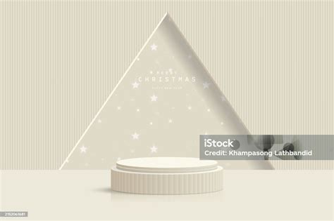추상 크림 3d 실린더 연단 받침대는 삼각형 창 배경에 빛나는 별 패턴 또는 네온 별 전구로 사실적입니다 제품 모형을 위한 크리스마스 장면 쇼케이스를 위한 3d 무대 3차원