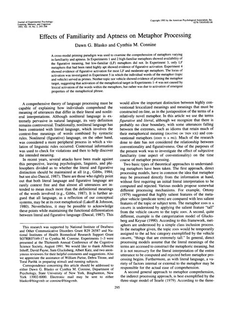 Pdf Effects Of Familiarity And Aptness On Metaphor Processing