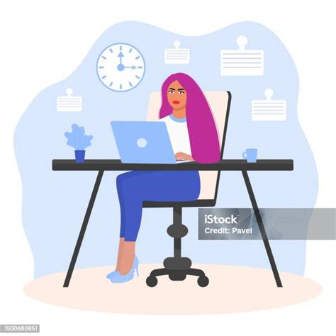 사무실에서 노트북으로 일하는 여자 개념에 대한 스톡 벡터 아트 및 기타 이미지 개념 경영자 교사 교육 관련 직업 Istock