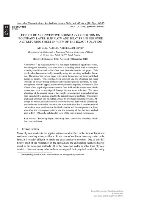Pdf Effect Of A Convective Boundary Condition On Boundary Layer Slip Flow And Heat Transfer