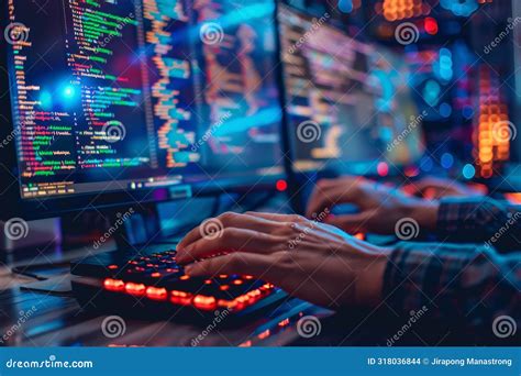 Programmer Is Hands On Keyboard Writing Source Code On Screen Monitor Showing Writing Code