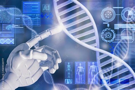 Plastic Robot Arm Pointing At Dna Futuristic Holographic Interface Showing Medical Data In