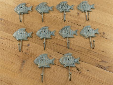 10 Cast Iron Fish Hooks Coat Hooks Hat Towel Sunfish Nautical