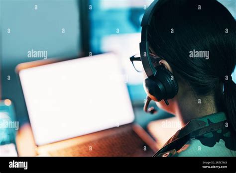 Military Control Room Computer Screen And Woman With Mockup Headset And Tech For Communication