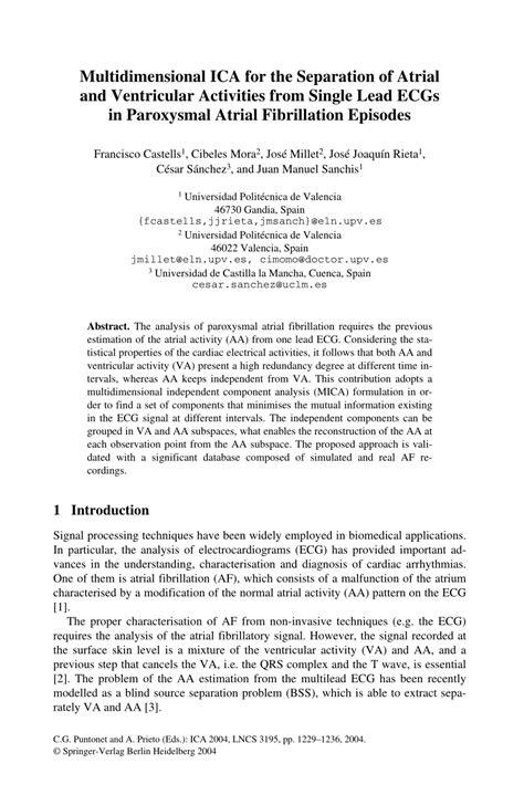 Pdf Multidimensional Ica For The Separation Of Atrial And Ventricular Activities From Single