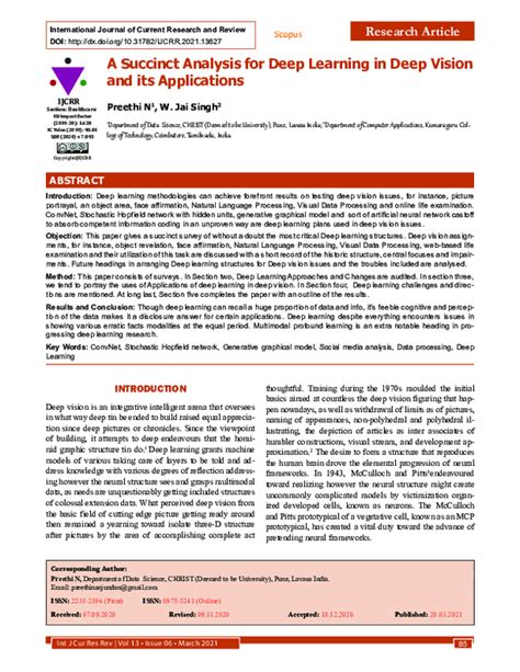 pdf a succinct analysis for deep learning in deep vision and its applications n preethi