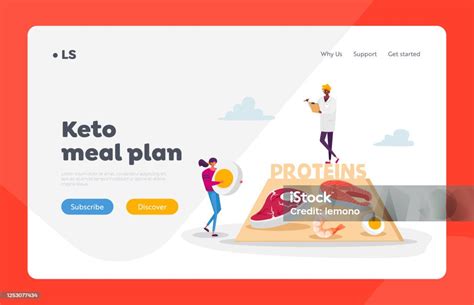 다이어트 과학 건강한 영양 랜딩 페이지 템플릿 케토 다이어트를 위한 단백질 제품을 가져오는 캐릭터 남성 의사 영양사 들고 클립 보드 쓰기 노트 만화 사람들 벡터
