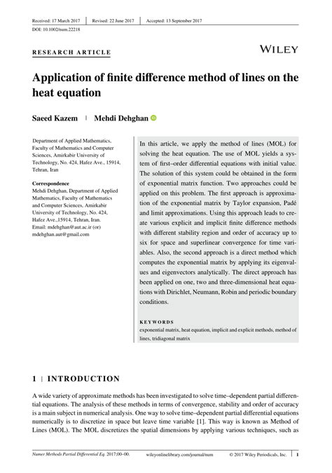 Pdf Application Of Finite Difference Method Of Lines On The Heat Equation
