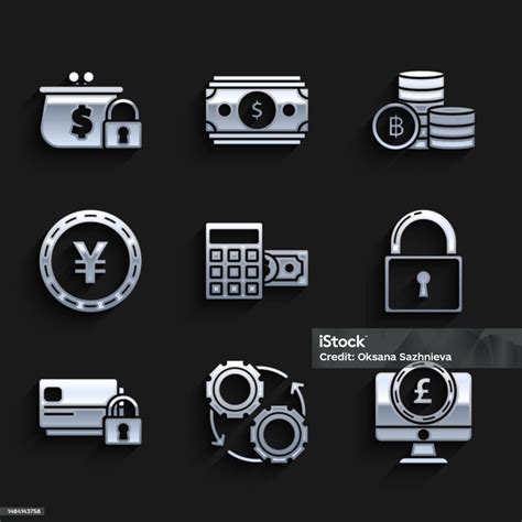 달러 기호 컴퓨터 모니터 파운드 스털링 잠금 신용 카드 잠금 동전 엔 암호 화폐 동전 비트 코인 및 닫힌 지갑 아이콘으로