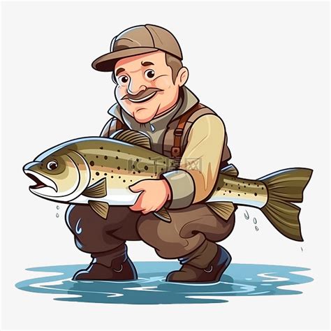 渔夫和鳟鱼卡通插图素材图片免费下载 千库网