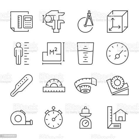 측정 아이콘을 설정합니다 측정 물체의 크기 길이 너비 깊이 정확한 측정 및 그리기 작업 선형 아이콘 수집을위한 도구 편집 가능한 획이 있는 선 길이에 대한 스톡 벡터 아트