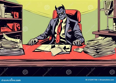 Devil In Modern Office Red Eyed Businessman In Comic Style Suit Sits