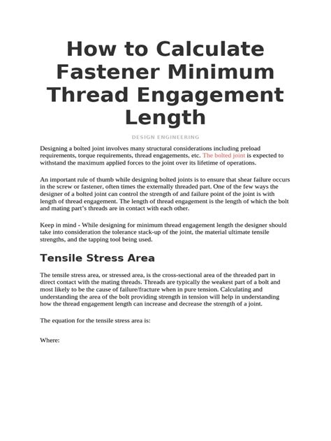 How To Calculate Fastener Minimum Thread Engagement Length Pdf Screw Strength Of Materials