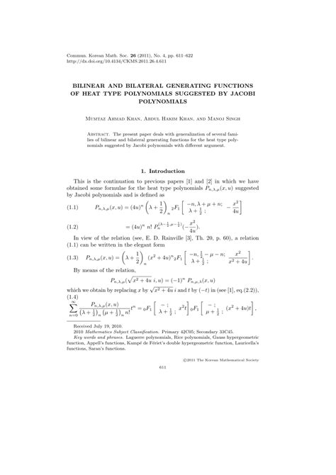 Pdf Bilinear And Bilateral Generating Functions Of Heat Type Polynomials Suggested By Jacobi