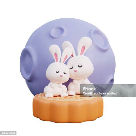 귀여운 토끼와 월병 아시아의 전통 축제 3d 렌더링이 있는 행복한 중추절 축제 9월에 대한 스톡 사진 및 기타 이미지 9월 Mid Autumn Festival 가을