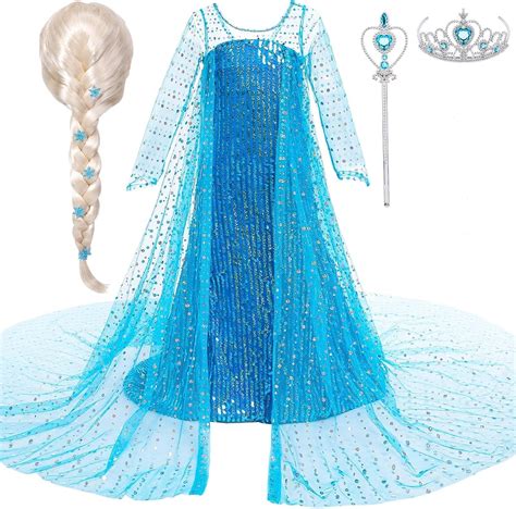 Costum Fete Elsa Frozen Rochie Si Pelerina Cu Paiete Peruca Bagheta