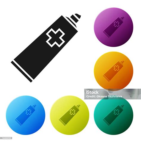 흰색 배경에 고립 된 검은 연고 크림 튜브 의학 아이콘 튜브 용기 치약 크림 기호 아이콘 다채로운 원 버튼을 설정합니다 벡터 일러스트레이션 0명에 대한 스톡 벡터 아트 및