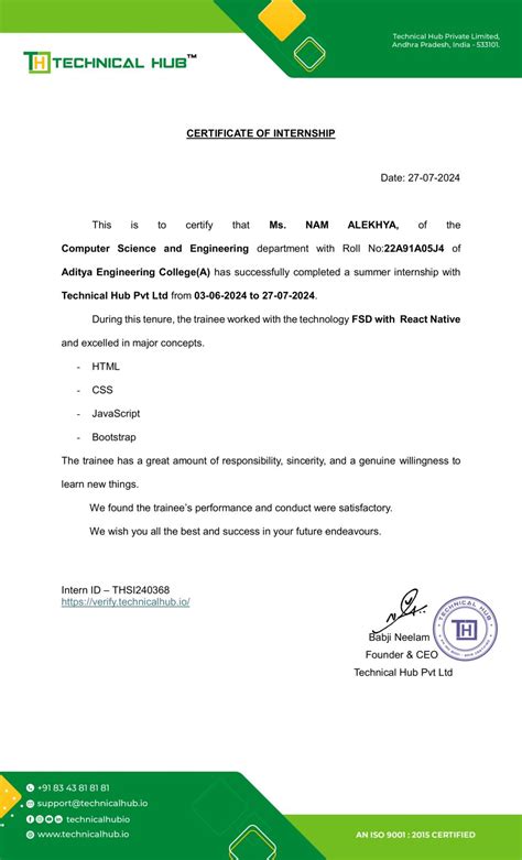 alekhya nam on linkedin internship technicalhub skills html css javascript bootstrap