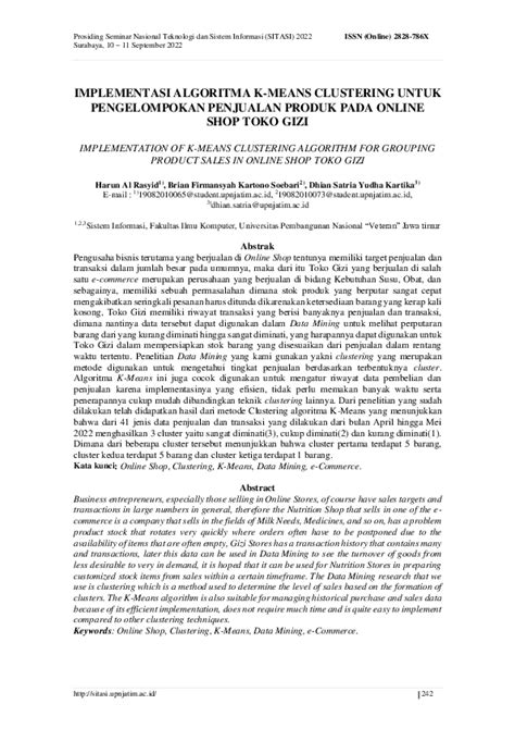 Pdf Implementasi Algoritma K Means Clustering Untuk Pengelompokan Penjualan Produk Pada Online