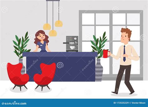 Reception Desk In Business Office Man And Woman Employees People