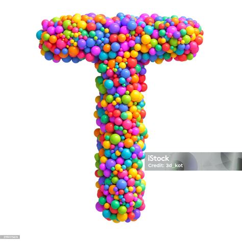 밝고 쾌활한 여러 가지 색상의 광택 있는 공으로 만든 문자 T 어린이 구역 놀이방 장식 어린이 디자인 축제 테마에 이상적입니다 무지개는 무작위 구체를 혼합하여 창의적인