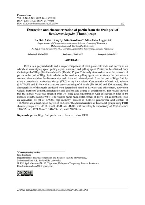 Pdf Extraction And Characterization Of Pectin From The Fruit Peel Of Benincasa Hispida Thunb