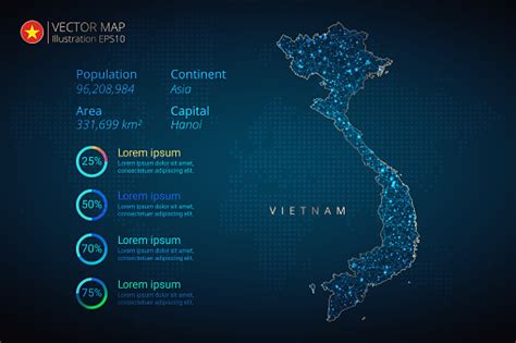 베트남 지도 인포그래픽 벡터 템플릿은 파란색 배경에 추상적인 기하학적 메쉬 다각형 조명 개념을 가지고 있다 다이어그램 그래프 프리젠테이션 및 차트를 위한 템플릿 0명에 대한